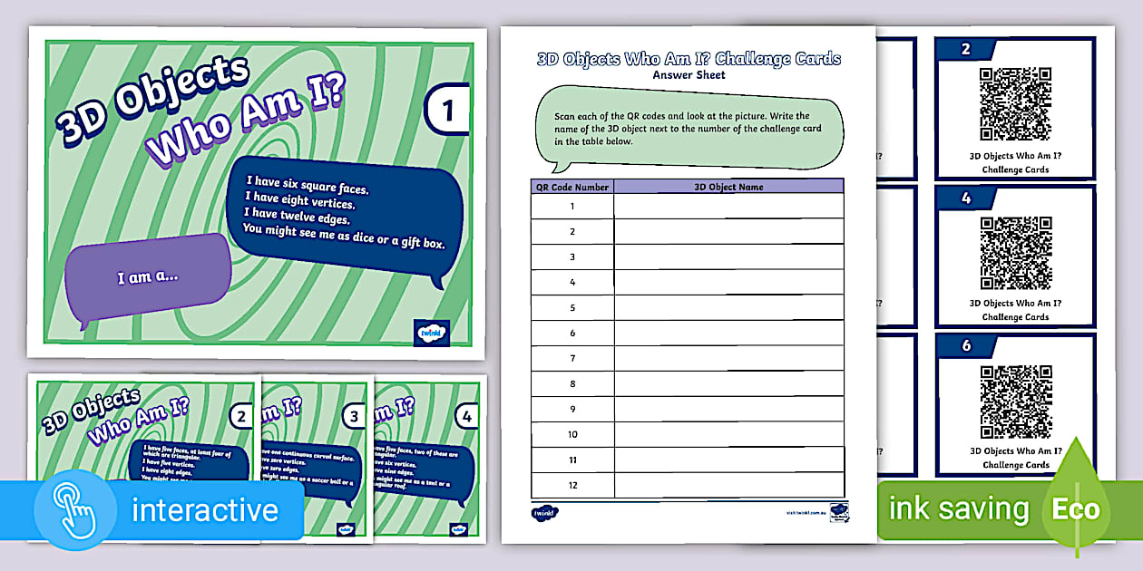 3D Objects Who Am I? Challenge Cards with QR Codes - Twinkl