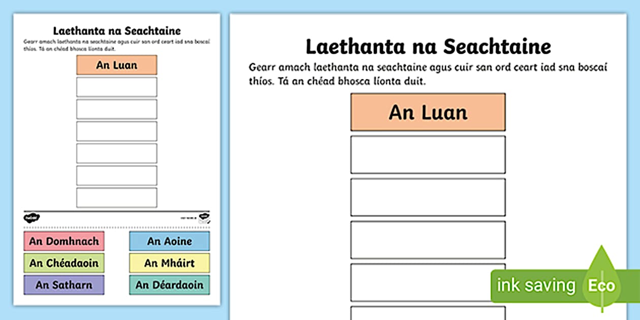 Laethanta na Seachtaine - Gearr agus Greamaigh - Twinkl