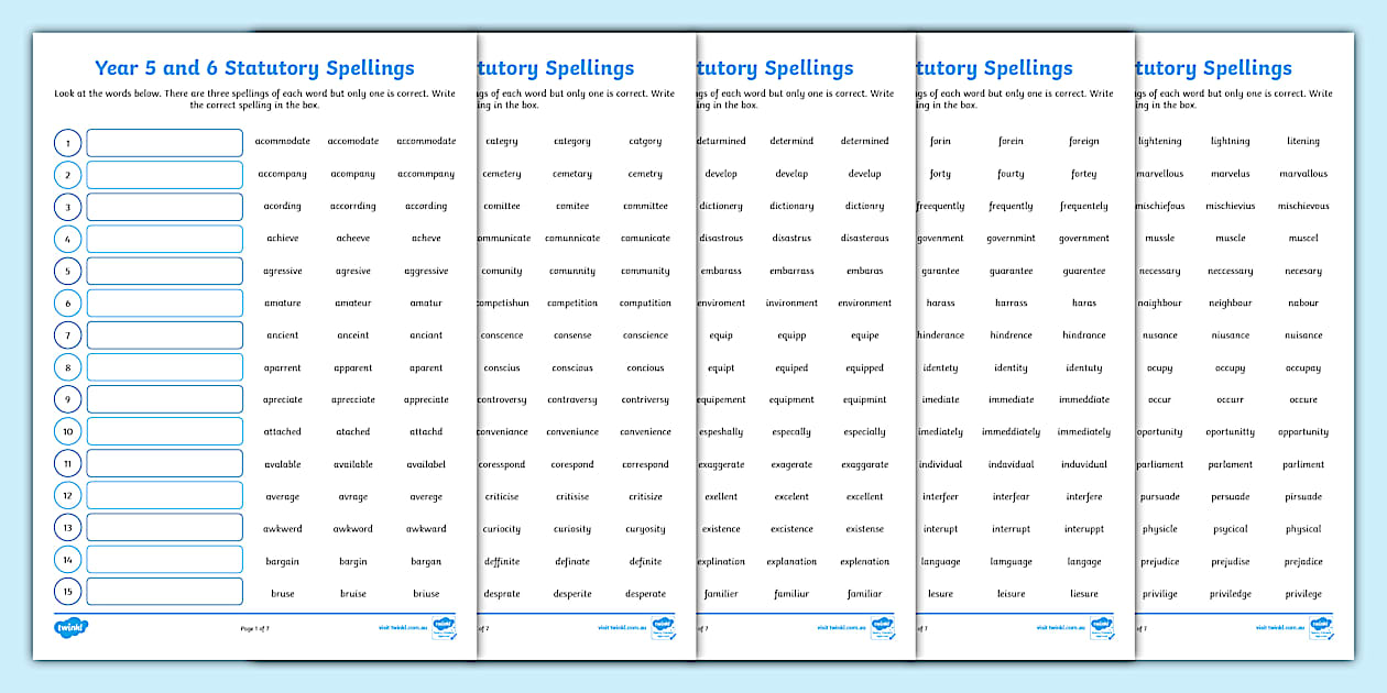 Year 5 and 6 Statutory Spellings Worksheets (teacher made)