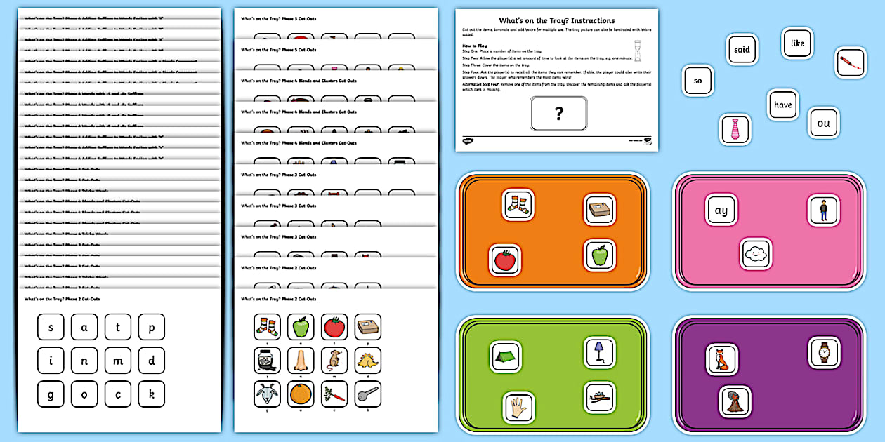 Cursive What's on the Tray? Phase 2 to 6 Letters and Sounds Memory Activity