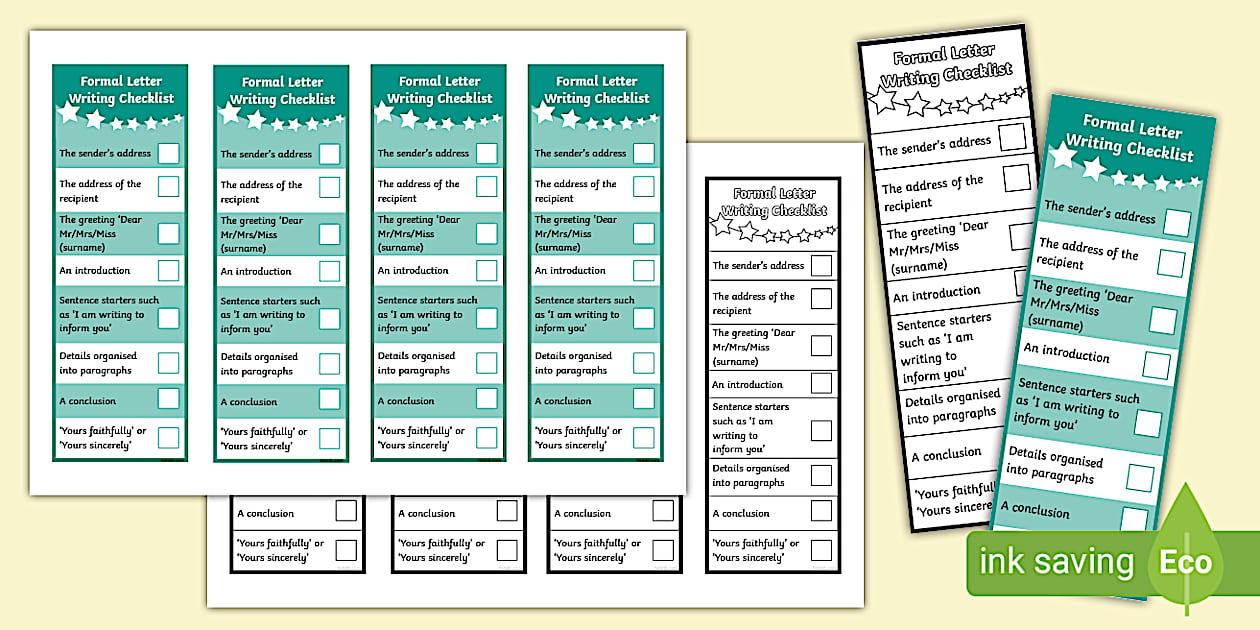 Features of Formal Letter Writing Bookmark Checklist