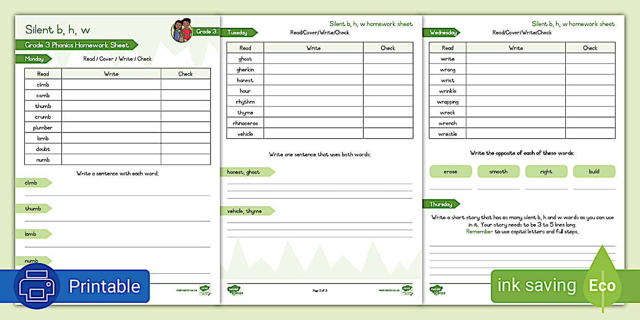 Grade 3 Phonics: Silent b, h, w Homework Sheet