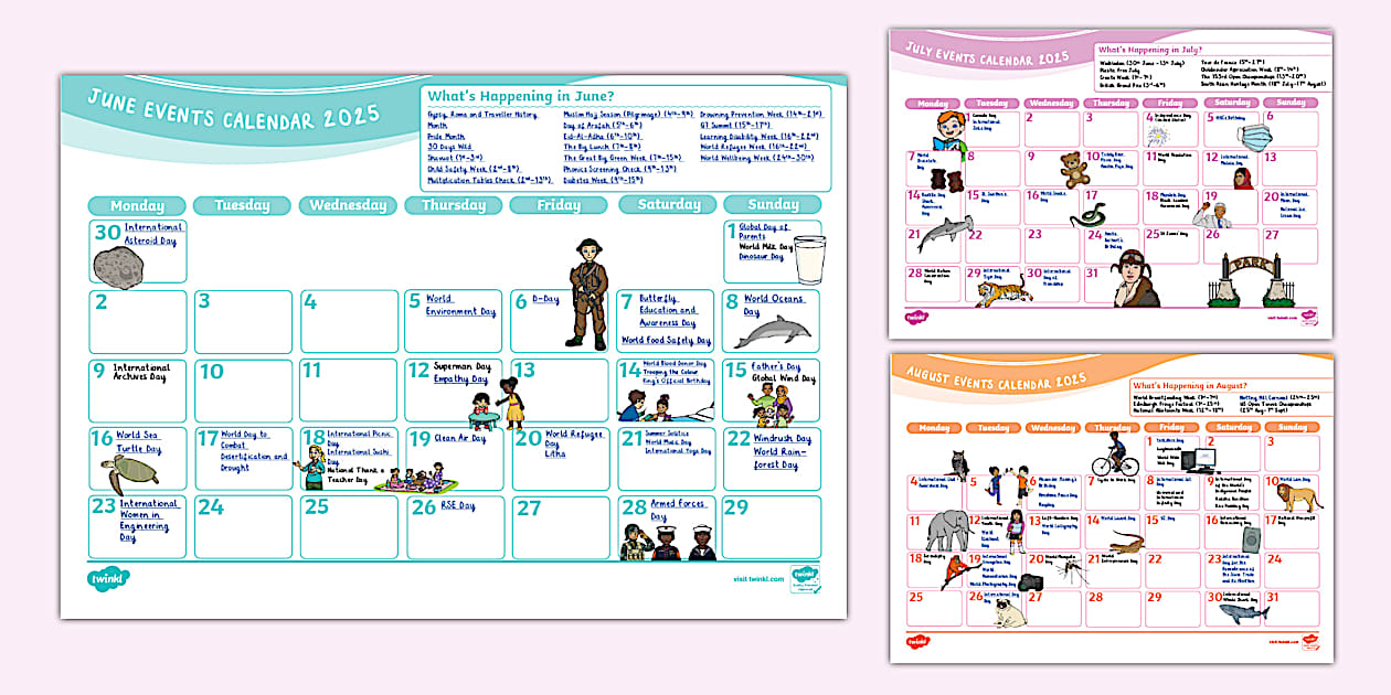 Summer Events Calendar Pack (June - August) - Twinkl