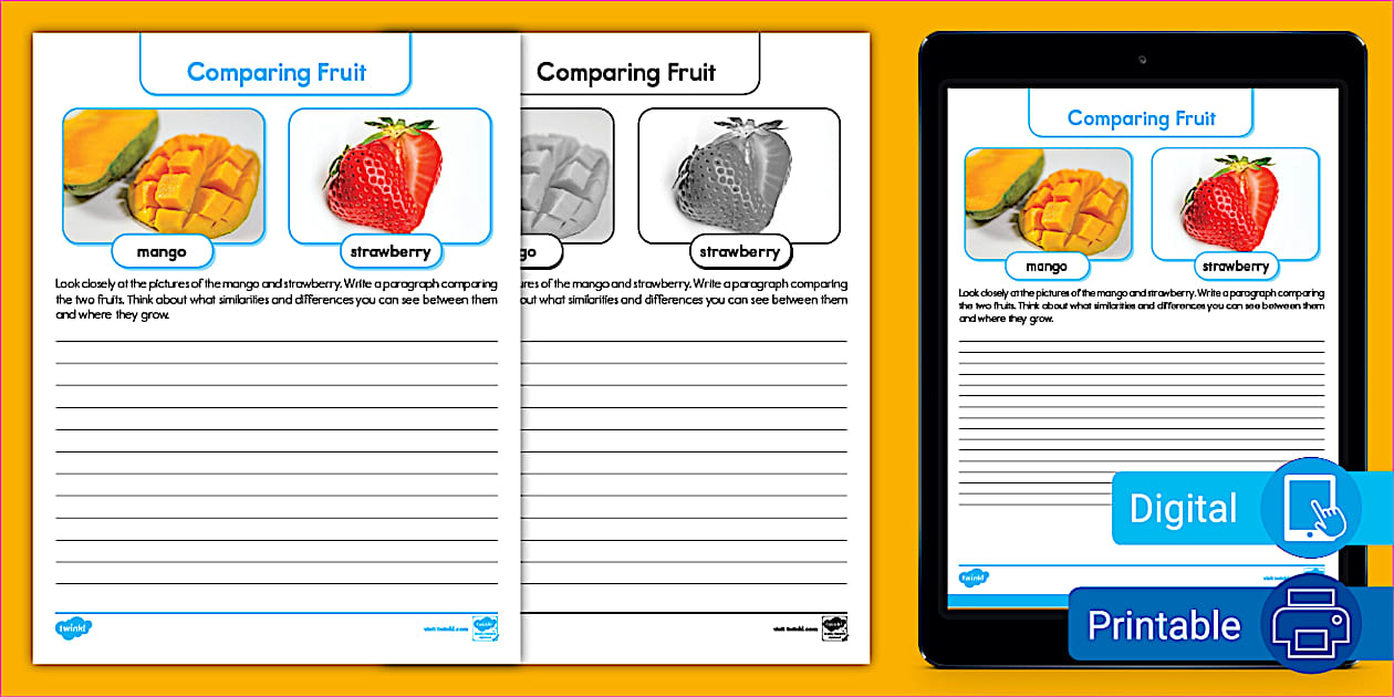 Comparing Mango and Strawberry Writing Worksheet for K-2nd Grade