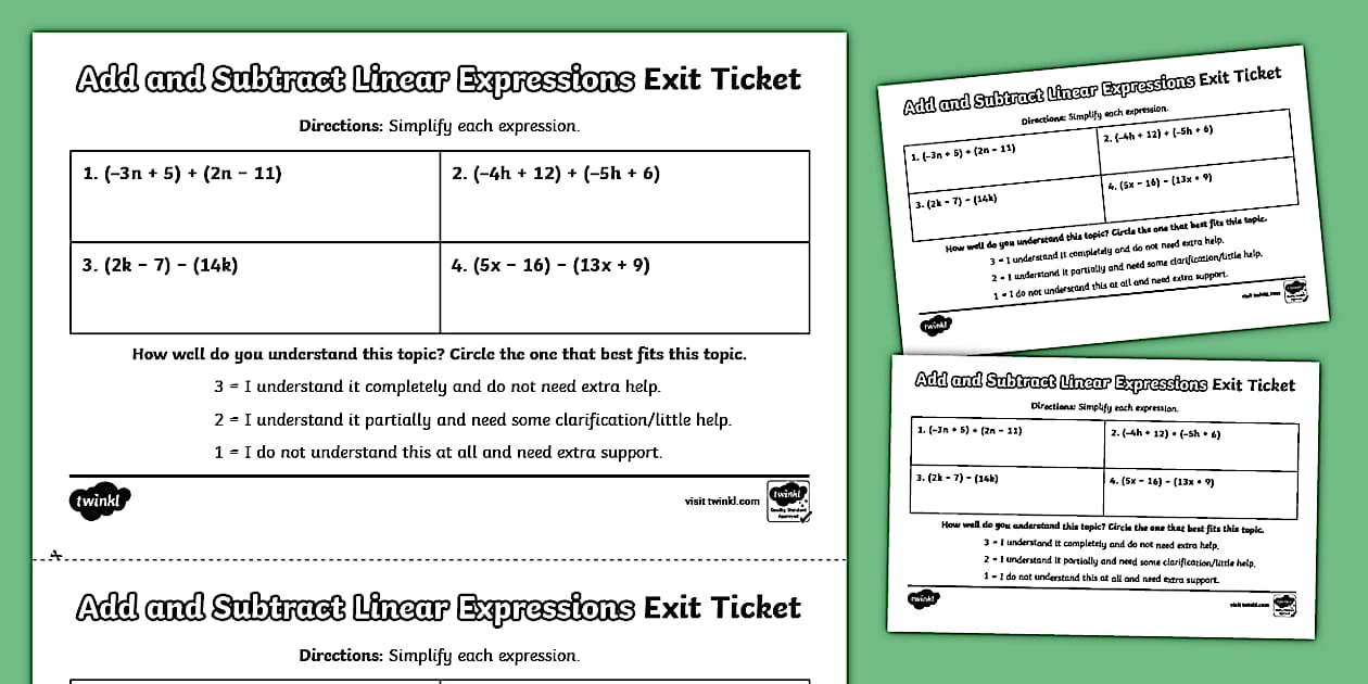 Seventh Grade Add and Subtract Linear Expression Exit Ticket
