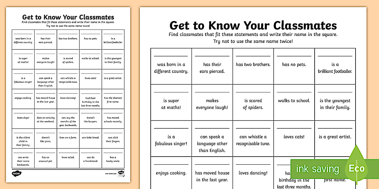Editable Get to Know Your Classmates Worksheet - Twinkl