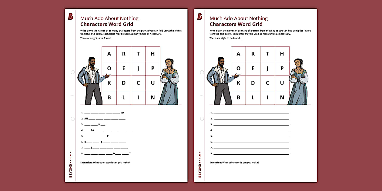 Much Ado About Nothing Characters Word Grid Game - Twinkl