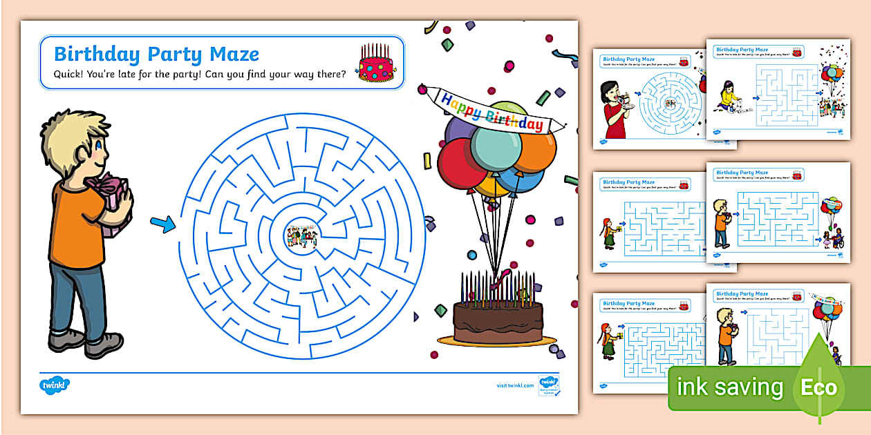 Birthday Party Maze Activity Worksheets (professor feito)