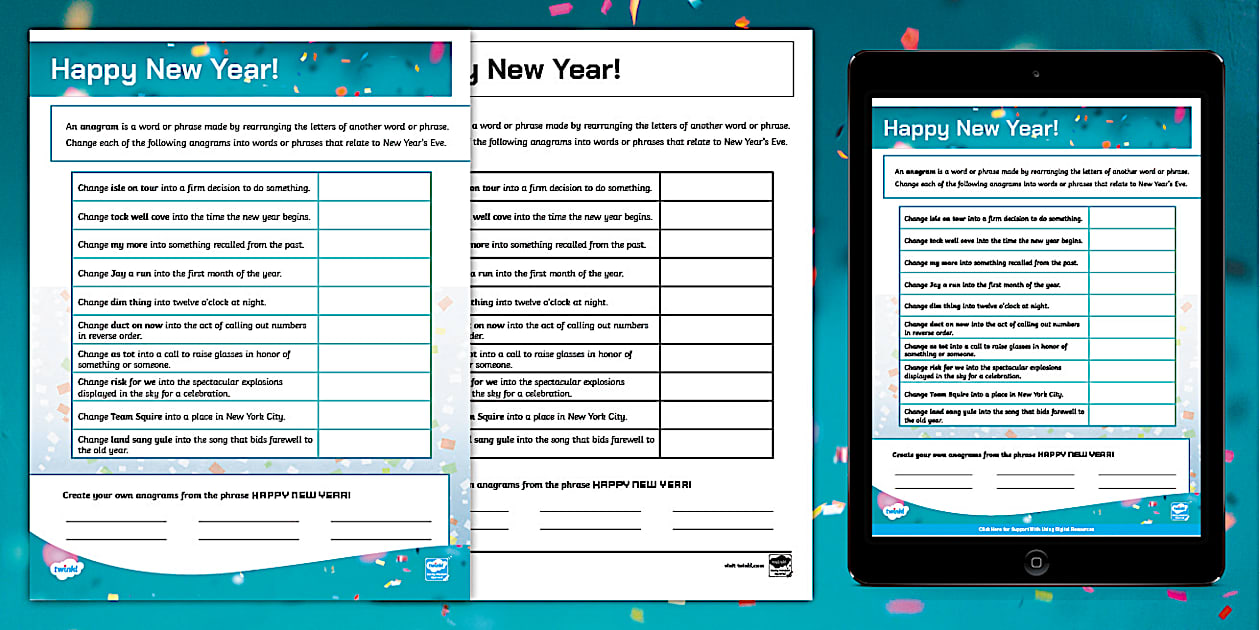 Happy New Year Anagram Worksheet for 6th-8th Grade - Twinkl