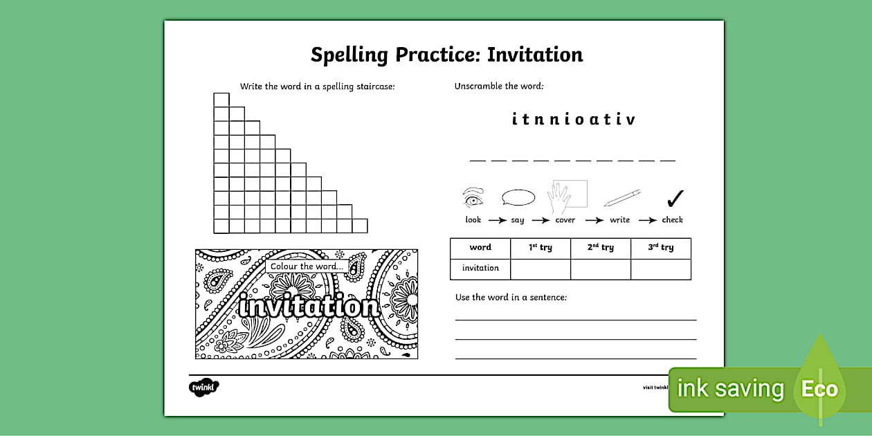 Invitation Spelling Practice Worksheet (teacher made)