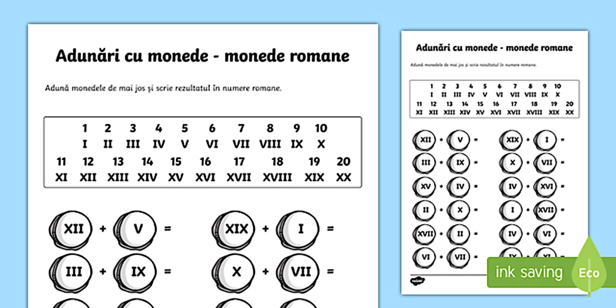 Adunări cu monede romane - Fișă de lucru