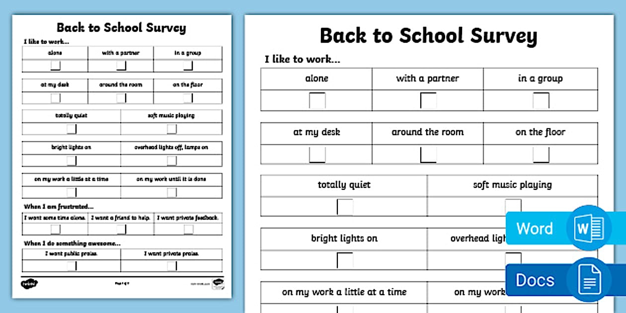 Back to School Learning Survey for Students (Teacher-Made)