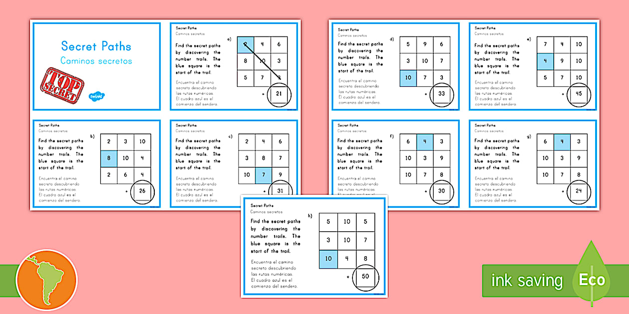 Secret Addition Number Paths Challenge Cards English/Spanish - Secret ...