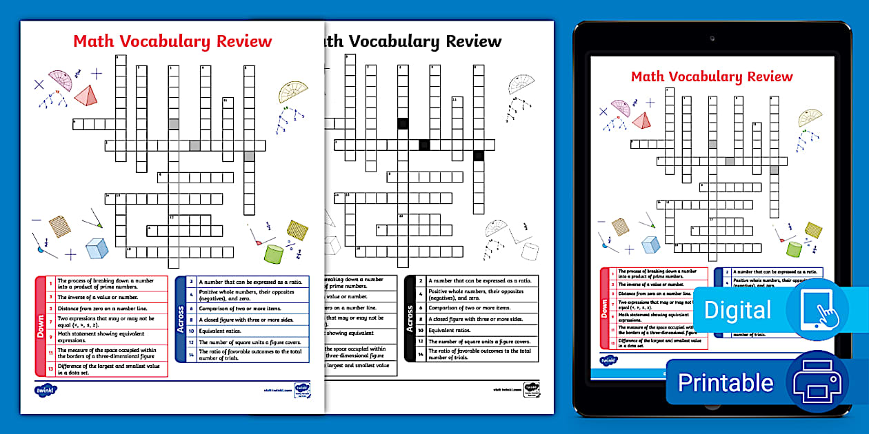Math Vocabulary Review Crossword for 6th-8th (teacher made)