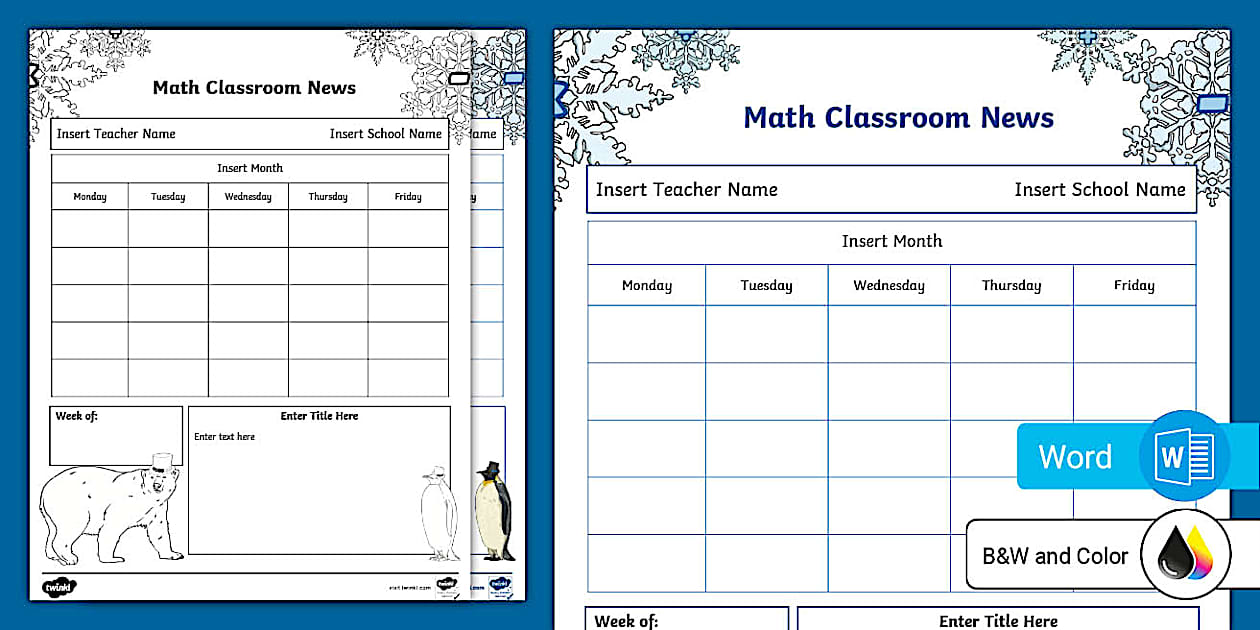 Editable Winter Math Class Newsletter