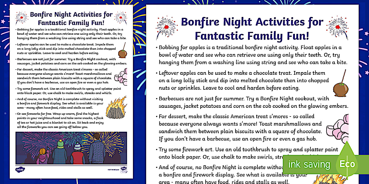 Bonfire Night Activities for Family Fun Worksheet / Worksheet