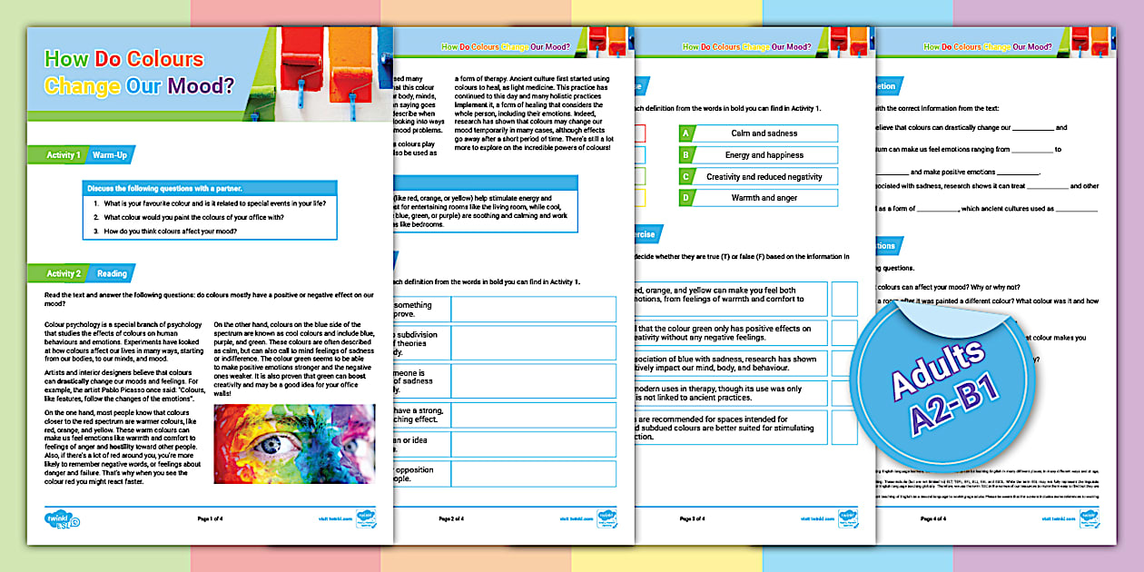 ESL How Do Colours Change Our Mood? Reading Comprehension [Adults, A2-B1]