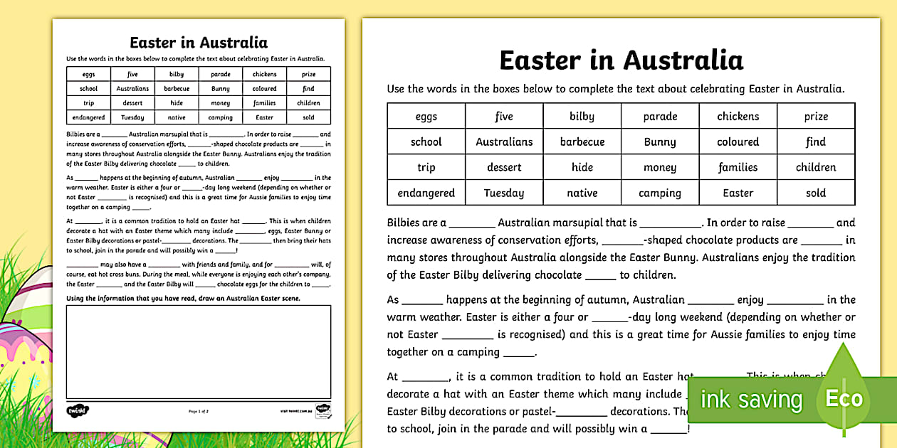 Easter Bilby Cloze Worksheet (teacher made) - Twinkl