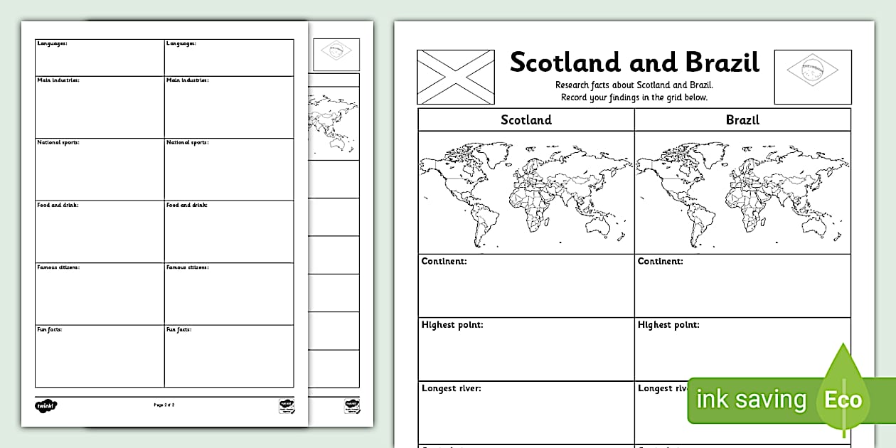 Scotland and Brazil Research Worksheet / Worksheet - Twinkl