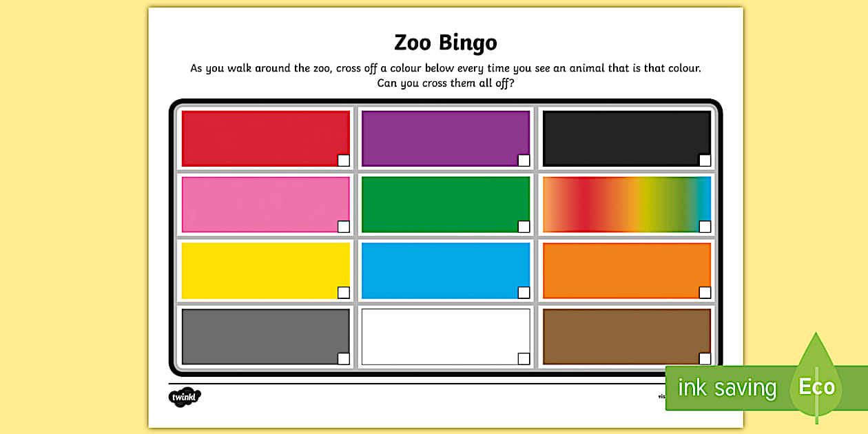 Zoo Bingo (Colours) Worksheet / Worksheet - Twinkl