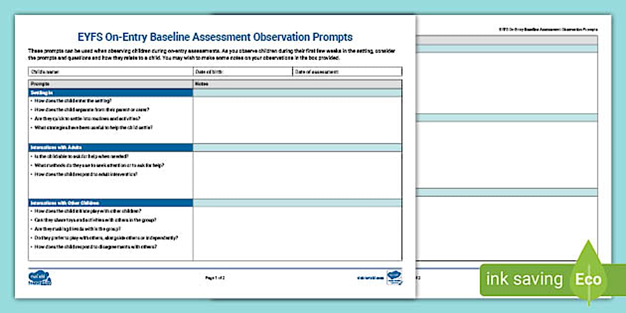 EYFS On-Entry Baseline Assessment Observation Prompts