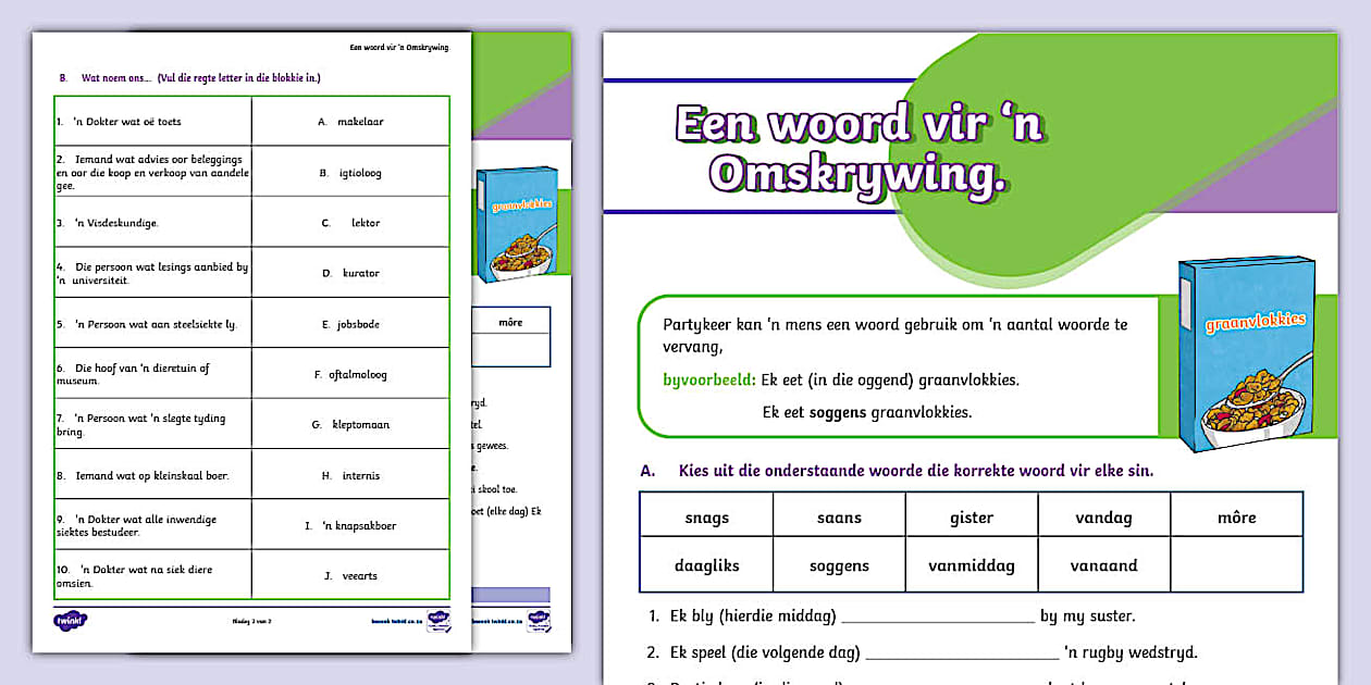 Een woord vir 'n omskrywing. Aktiwiteit - Twinkl