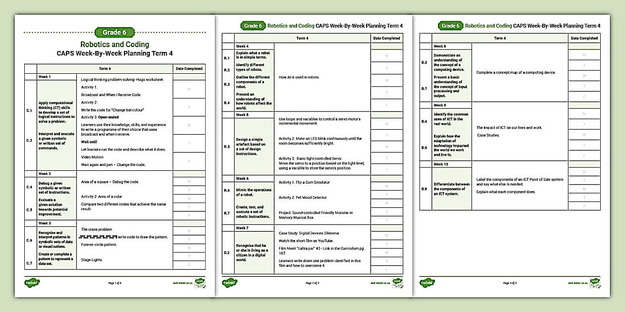 Robotics and Coding - Grade 6 Week-by-week Planning Term 4