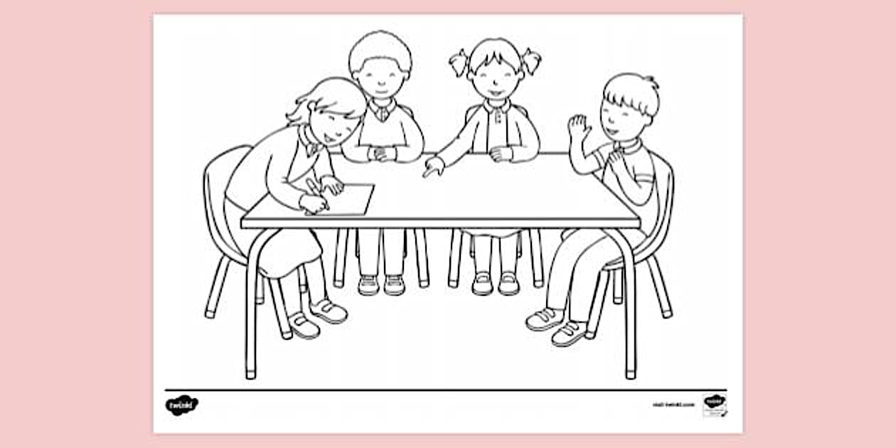 4 Children Working As A Group Colouring | Colouring Sheets