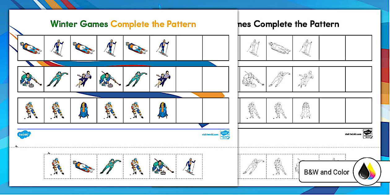 Winter Games Complete the Pattern Worksheet for K-1st Grade