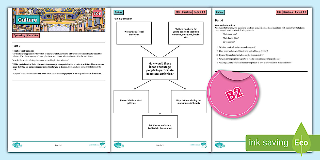 B2 FCE Exam - Speaking Part 3 and 4 (teacher made) - Twinkl