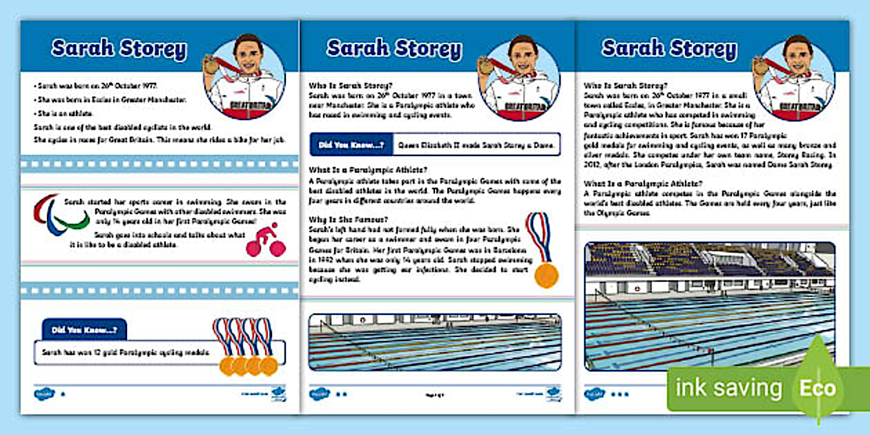 KS1 Great British Paralympians: Sarah Storey Reading Comprehension
