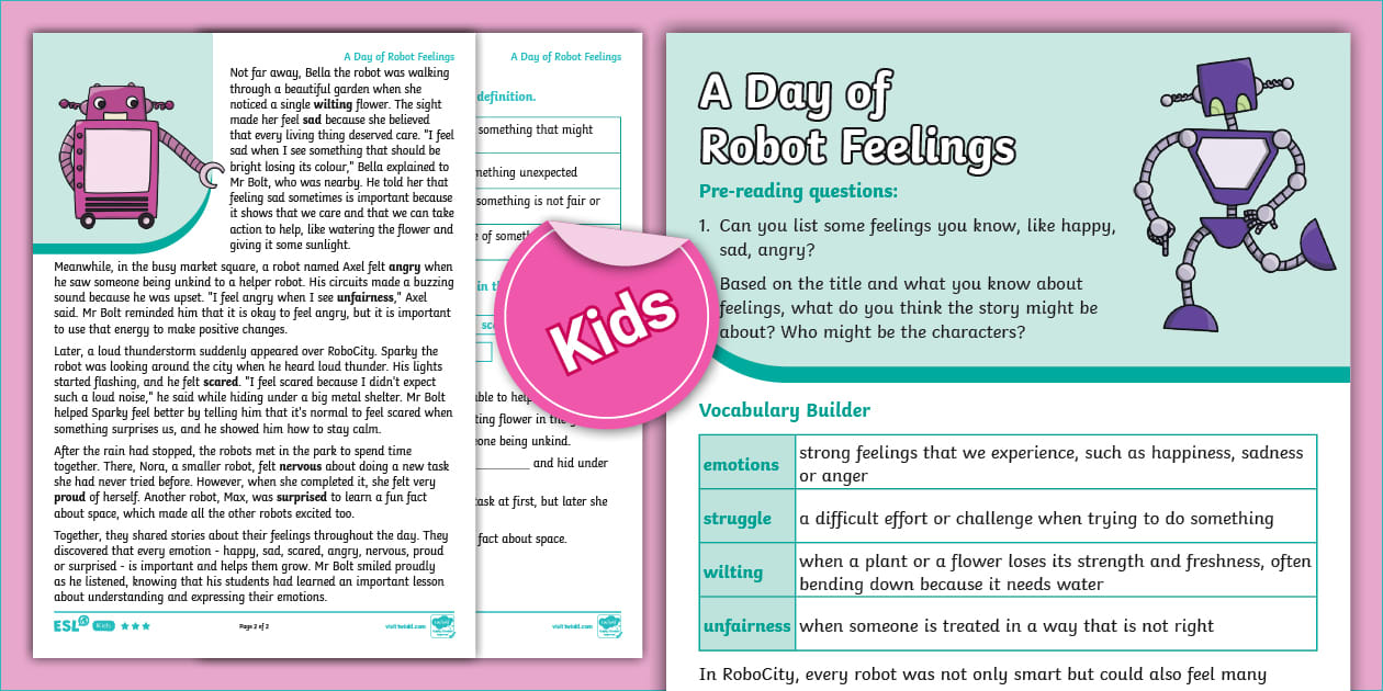 ESL A Day of Robot Feelings Differentiated Reading Comprehension [Kids]