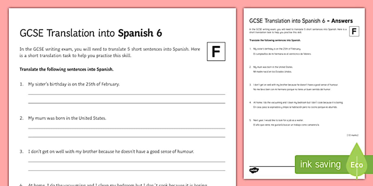 GCSE Translation into Spanish Foundation Tier 6 Worksheet / Worksheet
