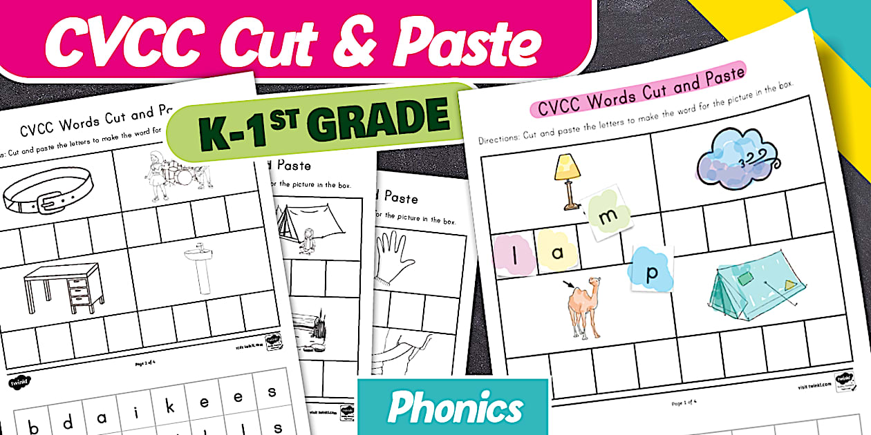 CVCC Words Cut and Paste Worksheets for K-1st Grade - Twinkl