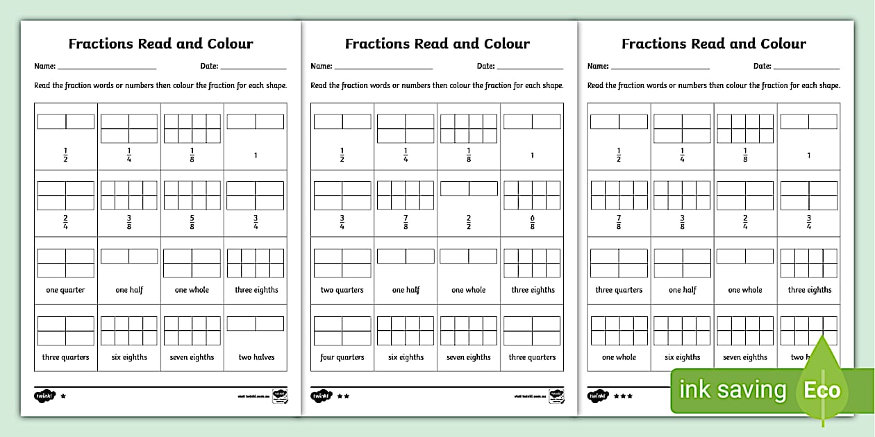 Fractions Read and Colour Differentiated Worksheets Pack