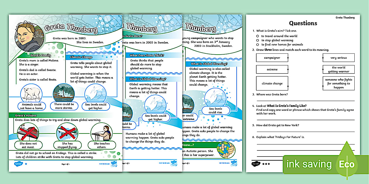 KS1 Greta Thunberg Differentiated Reading Comprehension Activity