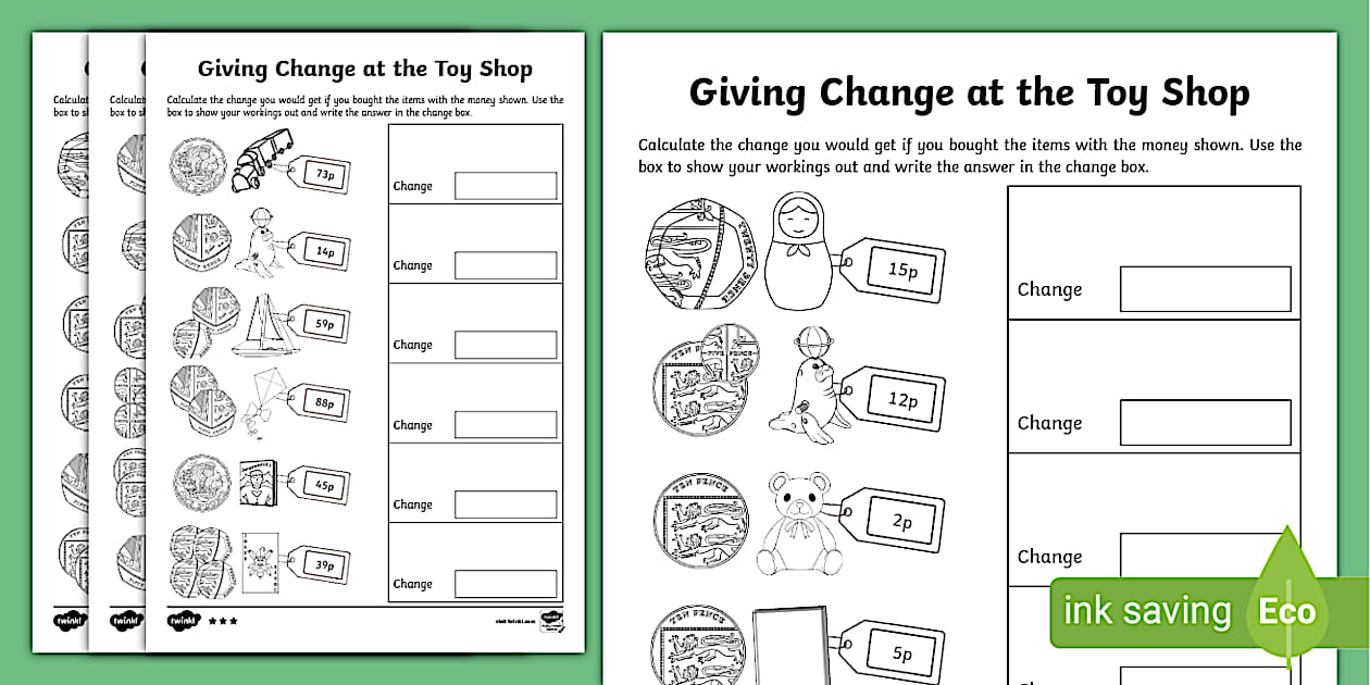 KS1 Maths Giving Change at the Toy Shop Worksheets - Twinkl
