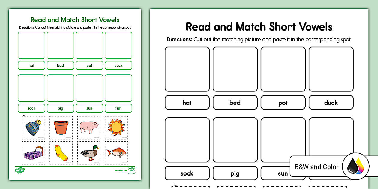 Read and Match Short Vowels Worksheet for K-1st Grade