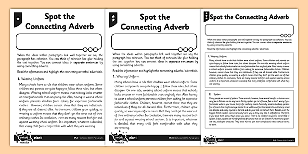 Spot the Connecting Adverb Differentiated Worksheet / Worksheet Pack