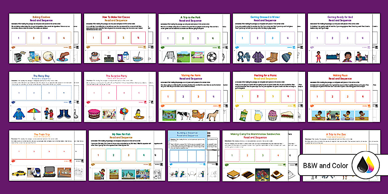 Kindergarten Read and Sequence Cut and Paste Worksheet Pack
