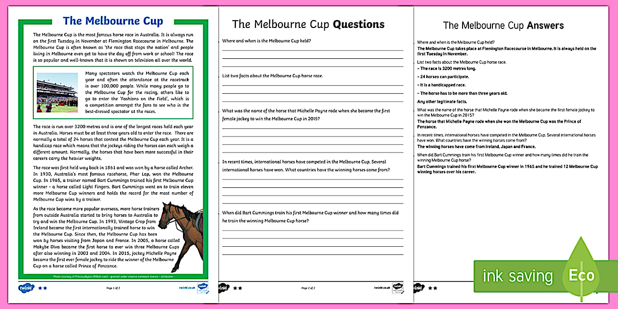 The Melbourne Cup Comprehension - Horse Racing Activity