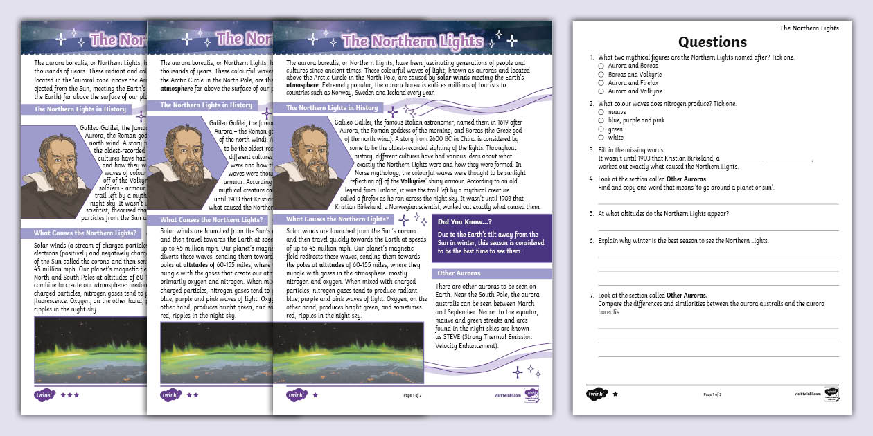UKS2 The Northern Lights Reading Comprehension Activity