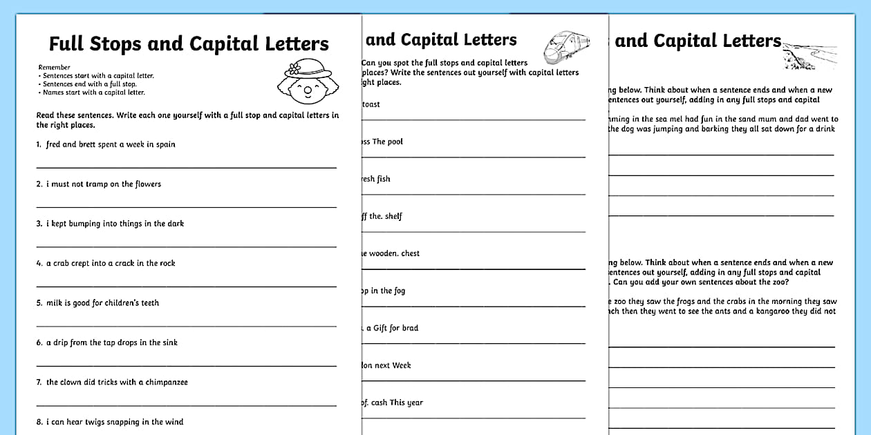 Capital Letters and Full Stops with Phase 4 Words Worksheet / Worksheet