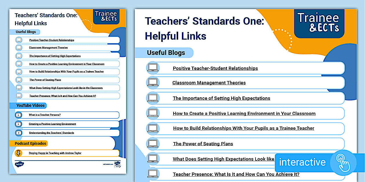A list of support to help evidence Teachers Standards One