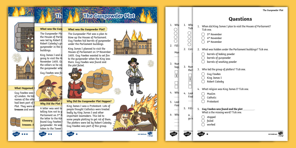 Middle Ability KS1 The Gunpowder Plot Differentiated Reading Comprehension