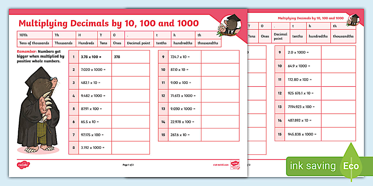 Multiplying Decimals by 10, 100 and 1000 | Activity Sheets
