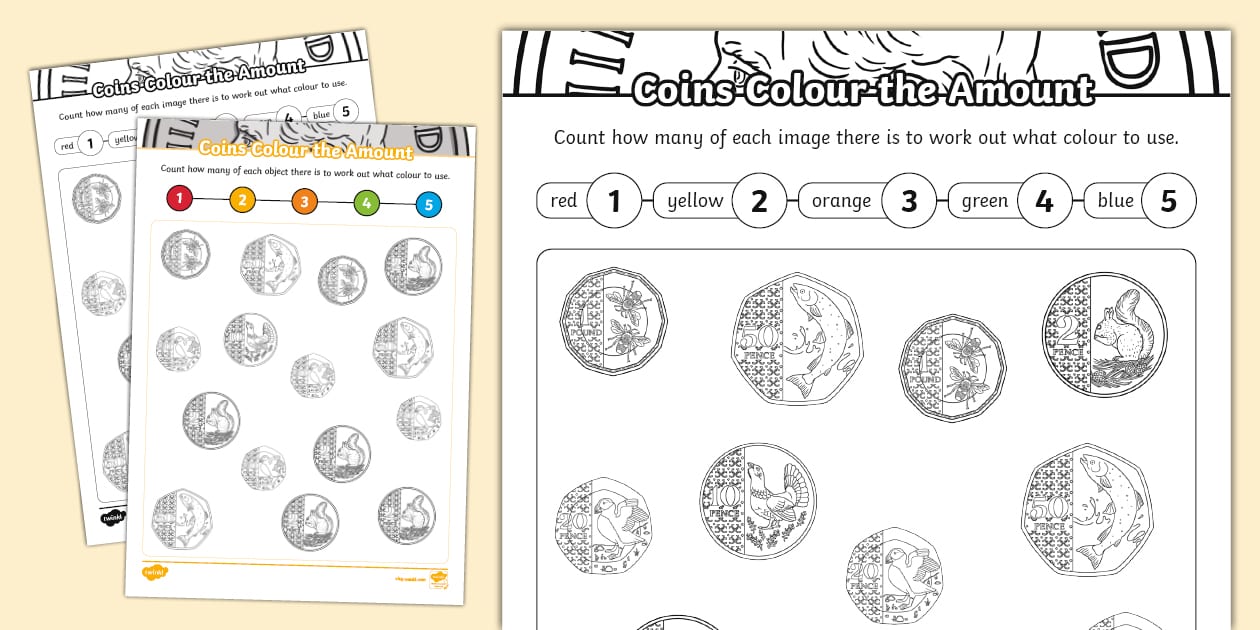 👉 Coins Colour the Amount Worksheet (Lehrer gemacht)