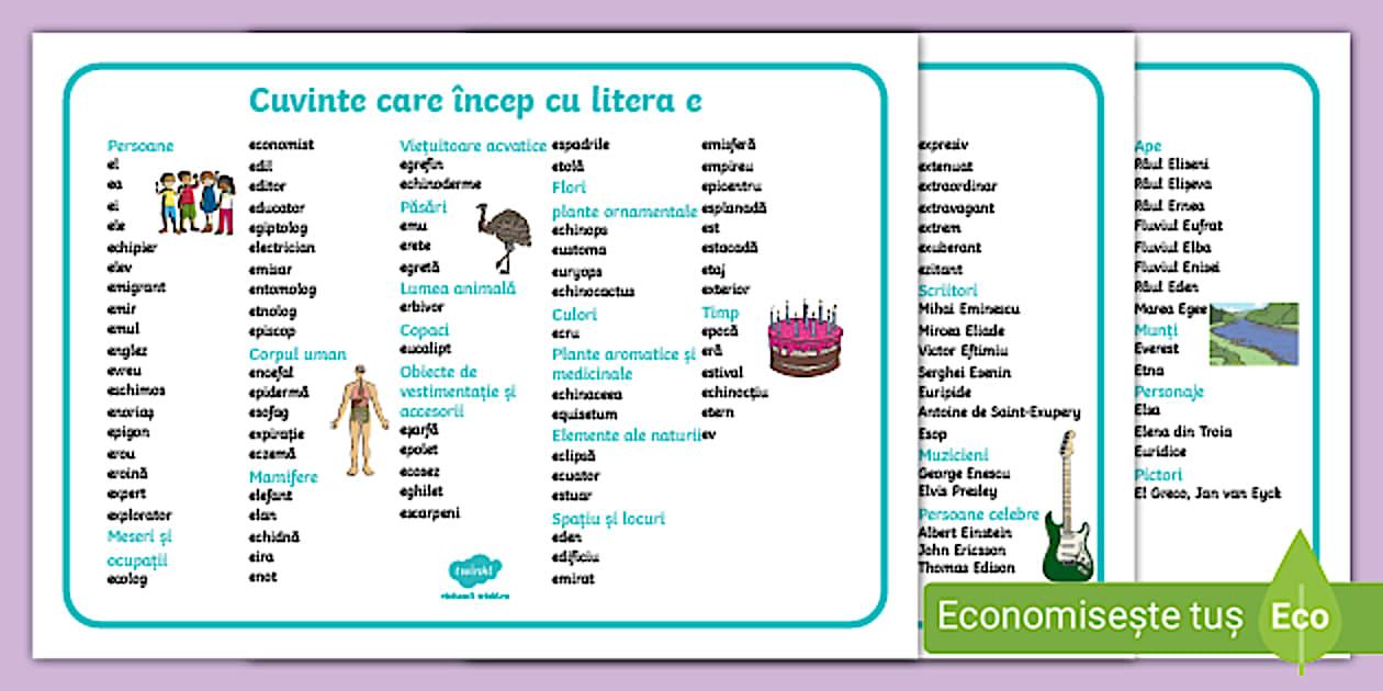 Cuvinte cu litera e - Cuvinte utile - Vocabular Twinkl RO