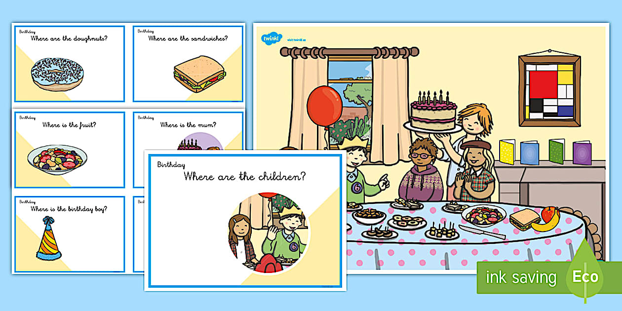 Editable Prepositions of Place Birthday Questions - Twinkl