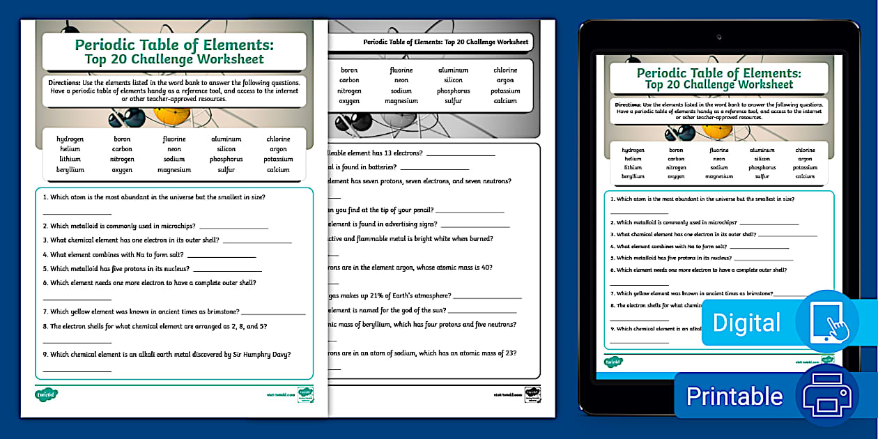 Periodic Table of Elements: Top 20 Challenge Worksheet